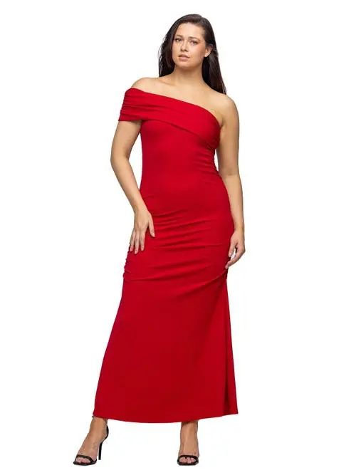 24SEVEN COMFORT APPAREL One Shoulder Rouched Mermaid Maxi Dress - Ruby