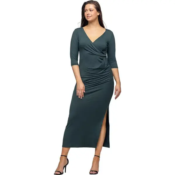 24SEVEN COMFORT APPAREL Fitted V-neck Maxi Dress With Slit - Hunter