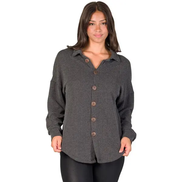 24SEVEN COMFORT APPAREL Ribbed Button-up Shirt Jacket - Black
