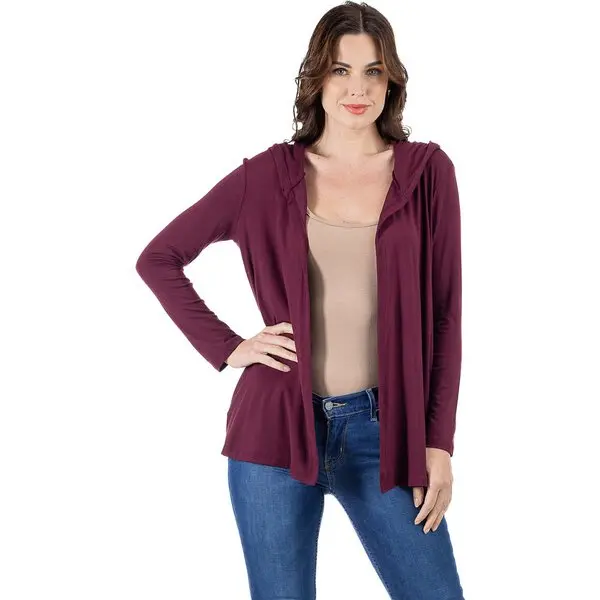 24SEVEN COMFORT APPAREL Open Front Lightweight Hooded Cardigan - Plum
