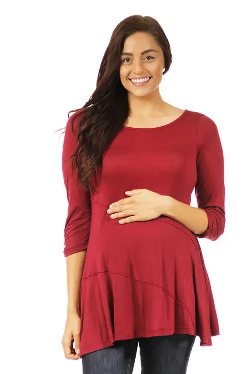 24SEVEN COMFORT APPAREL Ruched Sleeve Maternity Tunic Top - Wine