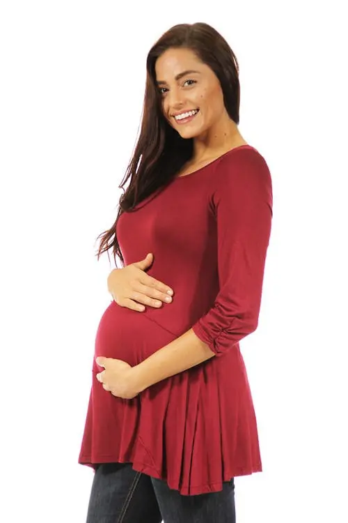 24SEVEN COMFORT APPAREL Ruched Sleeve Maternity Tunic Top - Wine