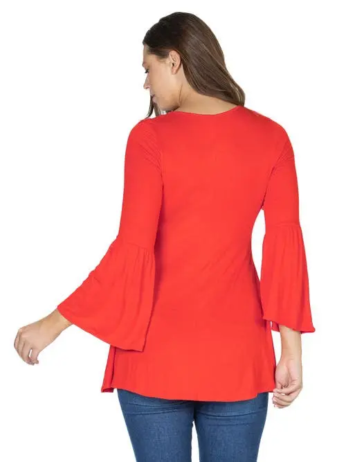 24SEVEN COMFORT APPAREL Long Bell Sleeve Flared Maternity Tunic Top - Red