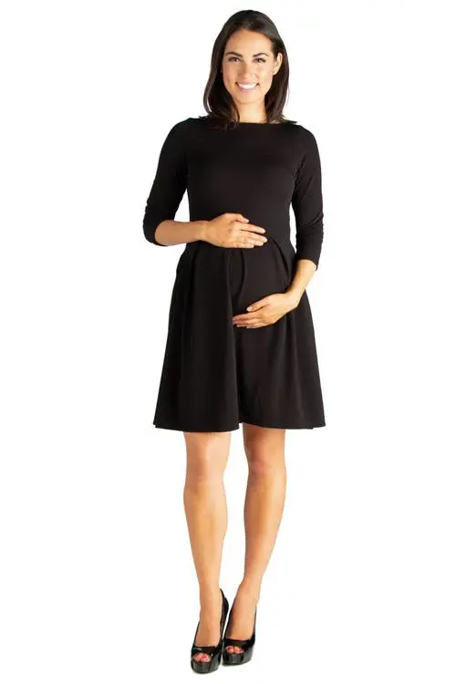 24SEVEN COMFORT APPAREL Maternity Fit And Flare Boatneck Dress - Black