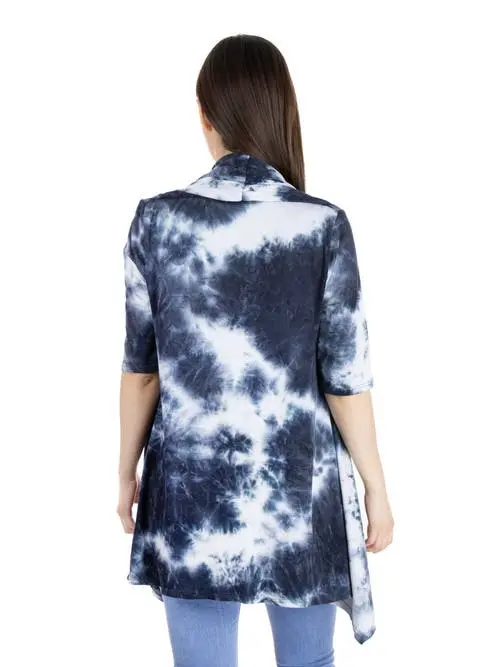 24SEVEN COMFORT APPAREL Tie Dye Elbow Sleeve Open Front Maternity Cardigan - Black Multi