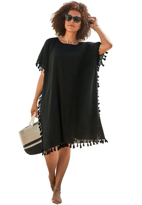 SWIMSUITS FOR ALL Cotton Gauze Tunic With Pom-pom Trim - Black