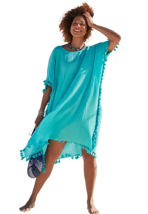 SWIMSUITS FOR ALL Pom Pom Cover Up Tunic - Saltwater Happy
