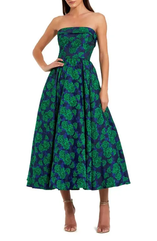 Mac Duggal Brocade Strapless A-line Midi Dress - Emerald Multi