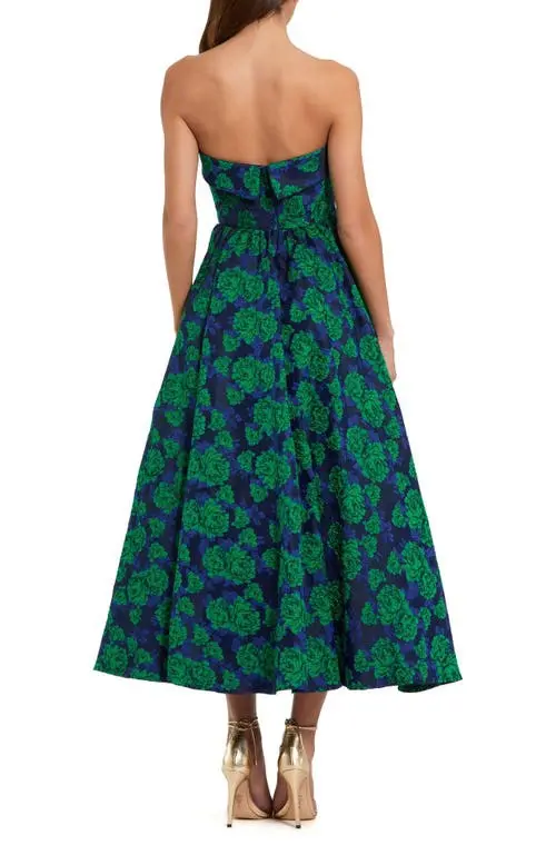 Mac Duggal Brocade Strapless A-line Midi Dress - Emerald Multi