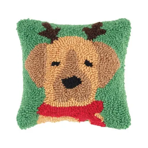 C&F HOME Brown Puppy Dog Wearing Reindeer Antlers Mini Hooked Christmas Accent Pillow 8" X 8 - Green