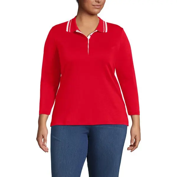 LANDS' END Supima Cotton 3/4 Sleeve Polo Shirt - Compass Red/white