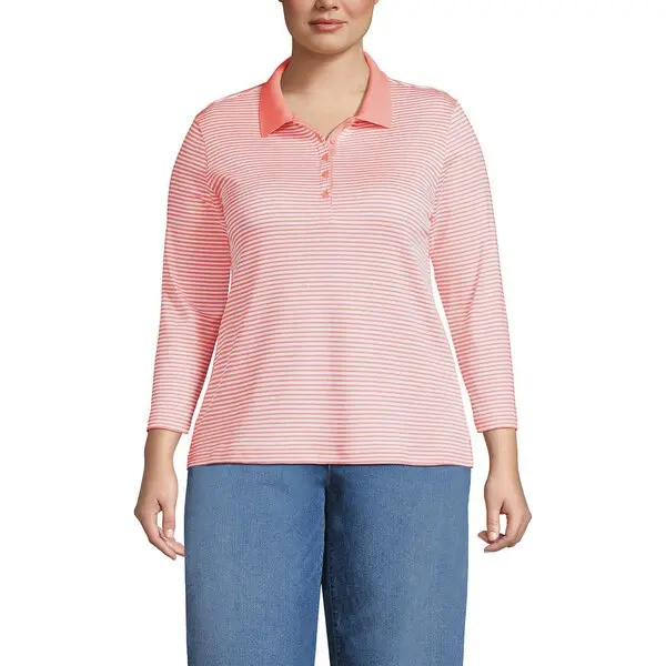 LANDS' END Supima Cotton 3/4 Sleeve Polo Shirt - Sunset Coral Pink Micro Stripe