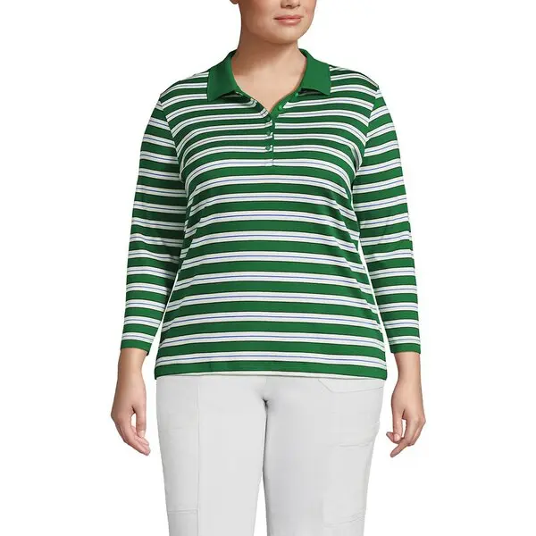 LANDS' END Supima Cotton 3/4 Sleeve Polo Shirt - Vibrant Clover Multi Stripe
