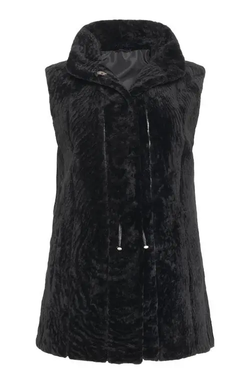 Gorski Genuine Shearling Hooded Vest - Black/black