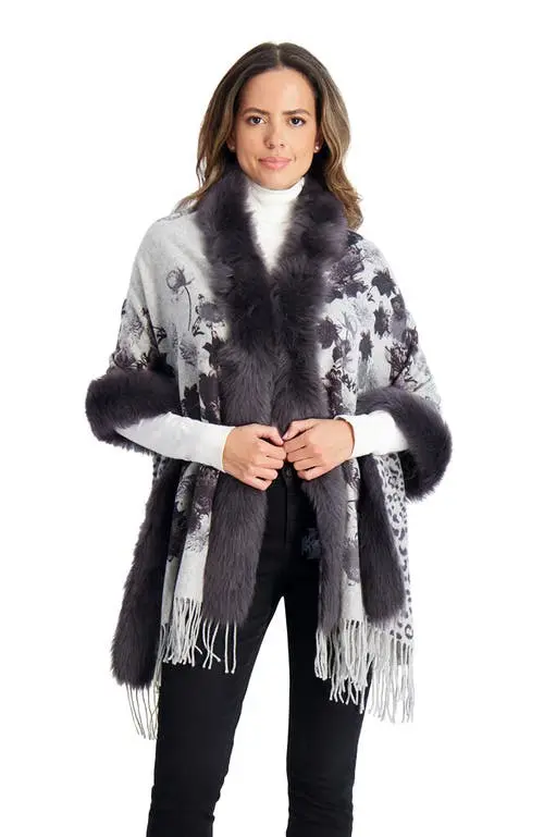 Gorski Double Face Cashmere Stole With Tape Top And Bottom - Gray Print/animal Print