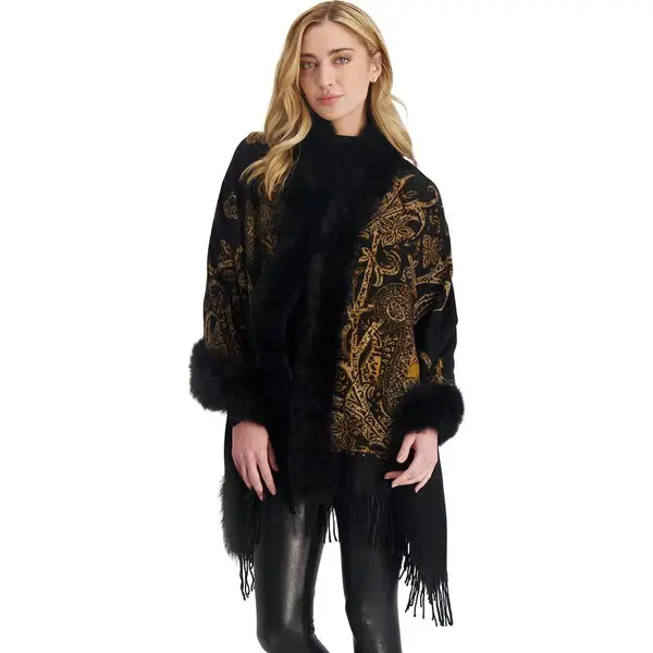 Gorski Double Face Cashmere Stole With Genuine Shearling Trim - Black Gold Paisley