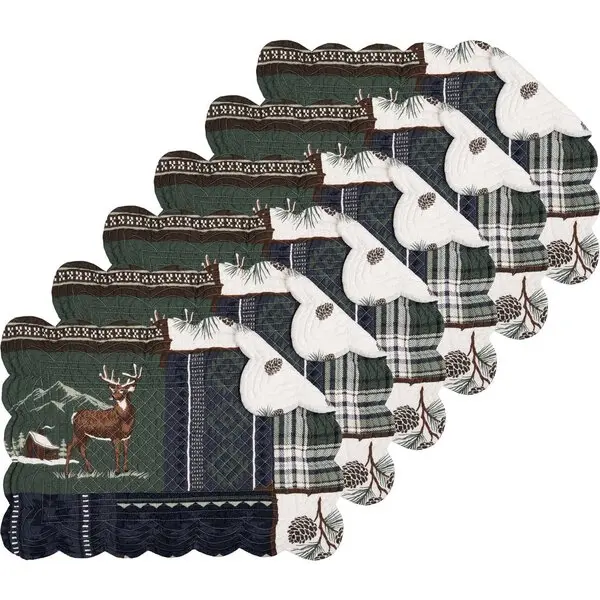 C&F HOME Stone Pines Scalloped Placemats Set Of 6 Black Bear Moose - Green