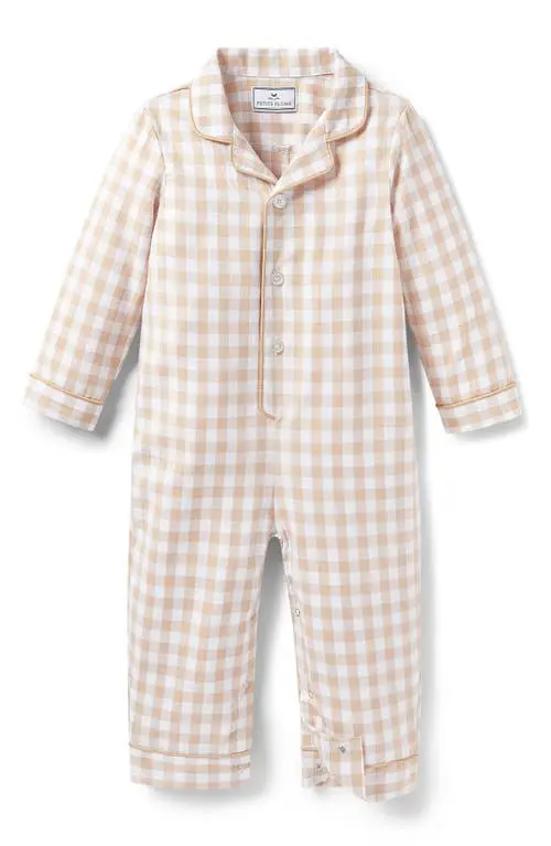 PETITE PLUME Gingham One-piece Brushed Twill Pajamas - Beige