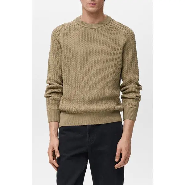 Mango Cabled Cotton Crewneck Sweater - Sand