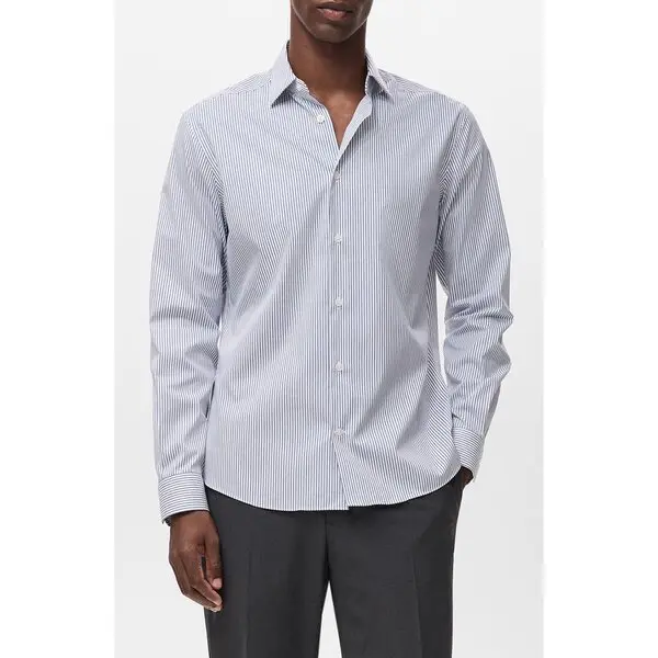 Mango Regular Fit Stripe Stretch Cotton Blend Button-up Shirt - Navy