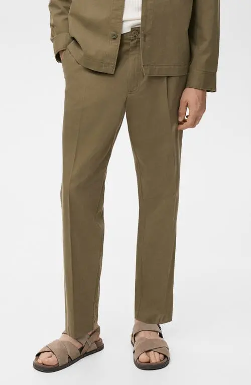 Mango Cotton Blend Straight Leg Trousers - Olive Green