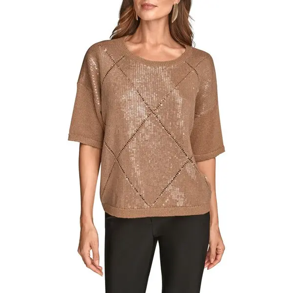 Donna Karan New York Sequin Embellished Short Sleeve Sweater - Fawn