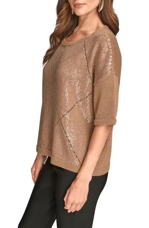 Donna Karan New York Sequin Embellished Short Sleeve Sweater - Fawn