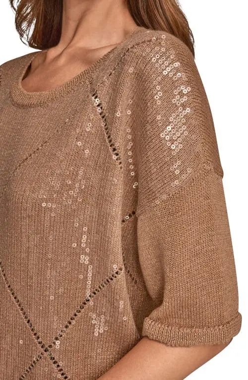 Donna Karan New York Sequin Embellished Short Sleeve Sweater - Fawn