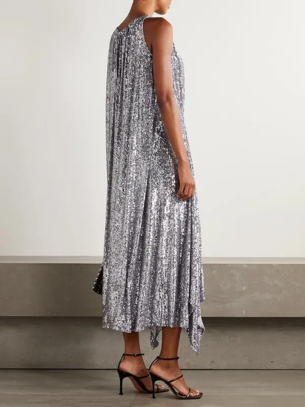Rabanne Asymmetric Ruched Sequin-embellished Jersey Midi Dress