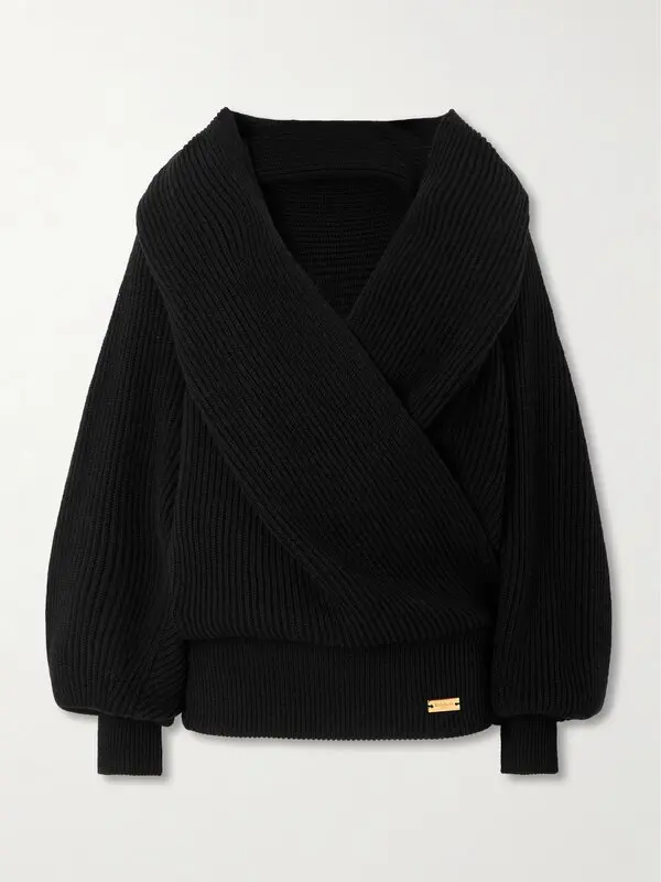 Balmain Wrap-effect Ribbed Wool Hoodie