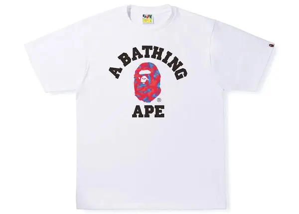 A BATHING APE Stroke Camo College Tee Shirt - White/red