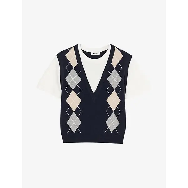 Sandro Argyle Layered-effect Wool And Cashmere-blend Jumper - Navy Blue