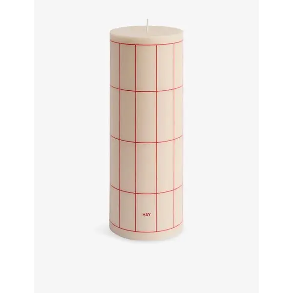 HAY Column Wax Candle 15cm - Owhite With Red Grid