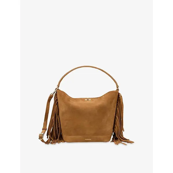 Sandro Logo-embossed Fringed Suede Bucket Bag