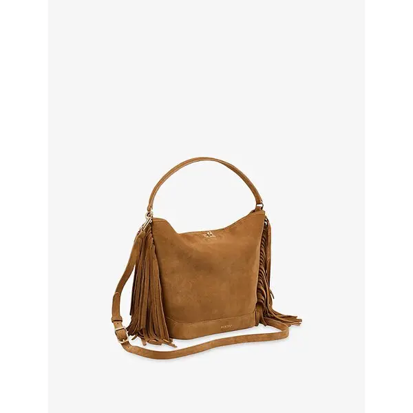 Sandro Logo-embossed Fringed Suede Bucket Bag