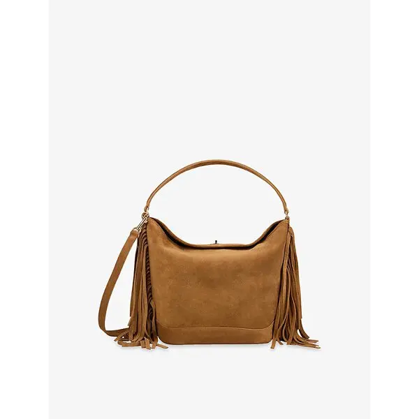 Sandro Logo-embossed Fringed Suede Bucket Bag