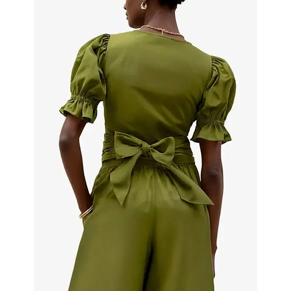 RO&ZO Wrap-front Puff-sleeved Cotton-poplin Top