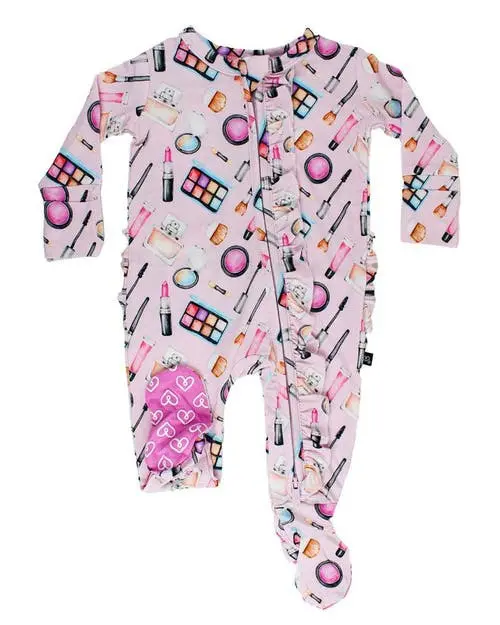 LEV BABY Makeup Print Ruffled Footie Pajamas - Pink