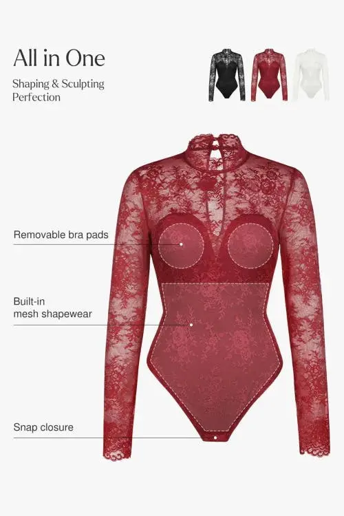POPILUSH Shapewear Mock Neck Long Sleeve Floral Lace Bodysuit - Chalk