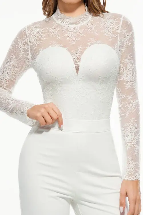 POPILUSH Shapewear Mock Neck Long Sleeve Floral Lace Bodysuit - Chalk