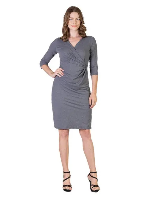 24SEVEN COMFORT APPAREL Draped V-neck Knee-length Dress - Grey