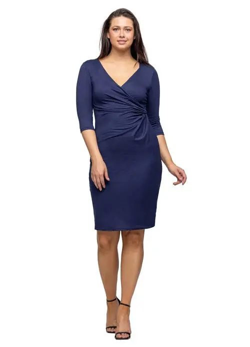 24SEVEN COMFORT APPAREL Draped V-neck Knee-length Dress - Navy