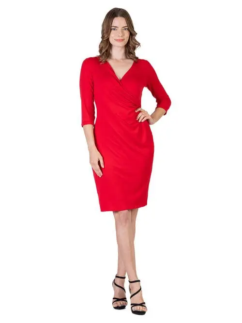 24SEVEN COMFORT APPAREL Draped V-neck Knee-length Dress - Red