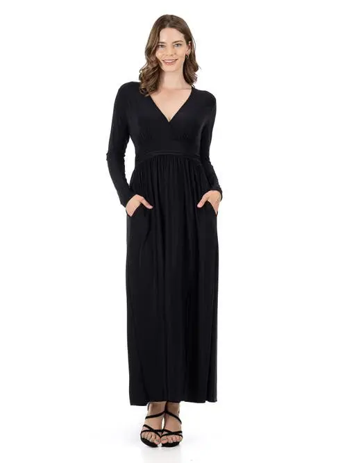 24SEVEN COMFORT APPAREL Long Sleeve V-neck Maxi Dress With Slit - Black