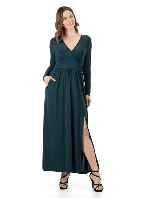 24SEVEN COMFORT APPAREL Long Sleeve V-neck Maxi Dress With Slit - Hunter