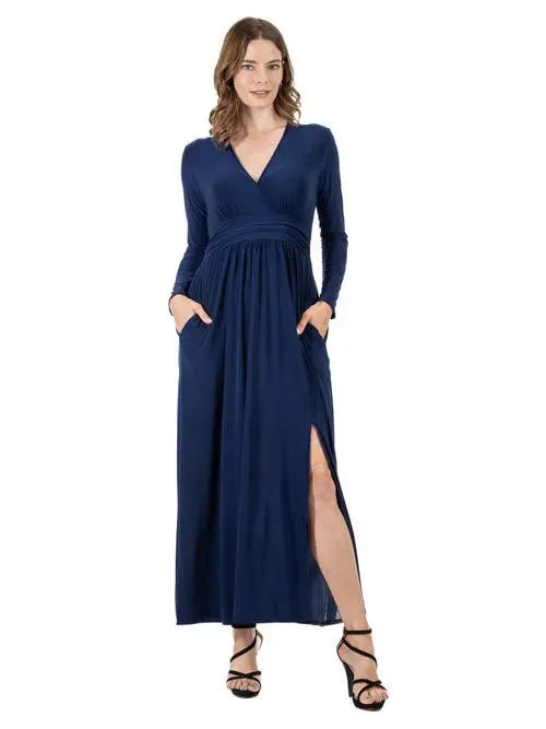 24SEVEN COMFORT APPAREL Long Sleeve V-neck Maxi Dress With Slit - Navy