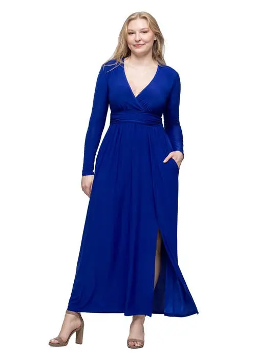24SEVEN COMFORT APPAREL Long Sleeve V-neck Maxi Dress With Slit - Royal