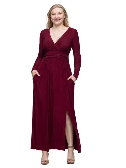 24SEVEN COMFORT APPAREL Long Sleeve V-neck Maxi Dress With Slit - Wine
