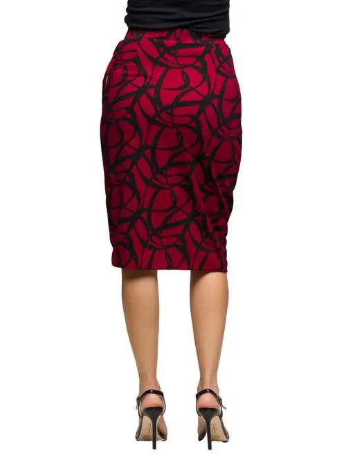 24SEVEN COMFORT APPAREL Printed Ruched Knee Length Skirt - Red Multi