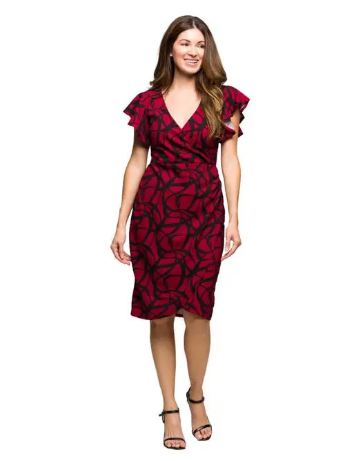 24SEVEN COMFORT APPAREL Print Flutter Sleeve Faux Wrap Midi Dress - Red Multi